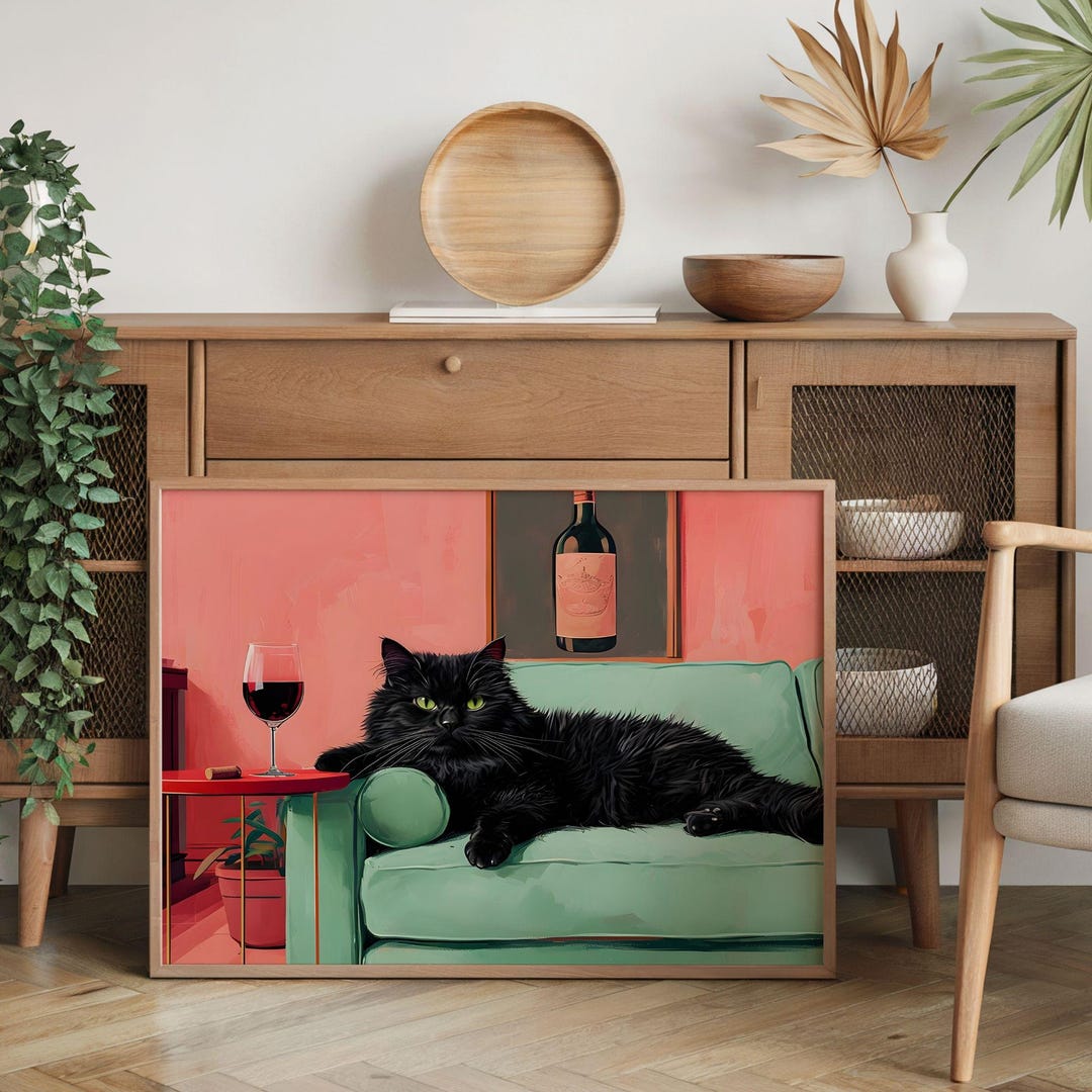 Black Cat Red Wine Digital Wall Art, Cat Lover Decor, Wine Wall Decor ...