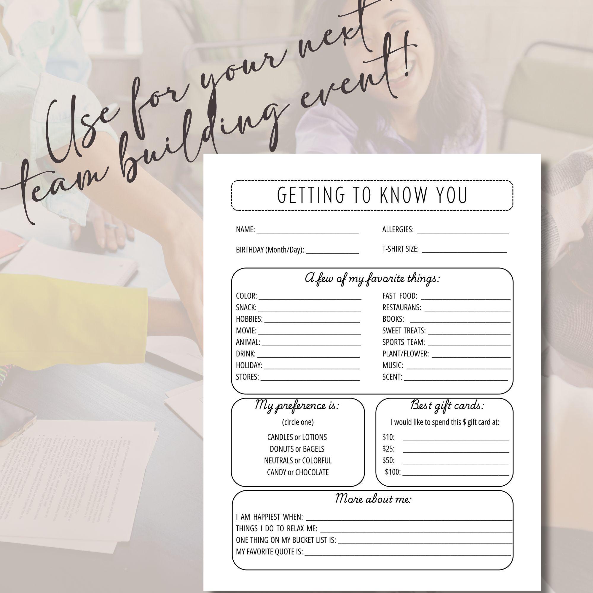 Getting to Know You Printable, Favorite Things Questionnaire, Coworker ...