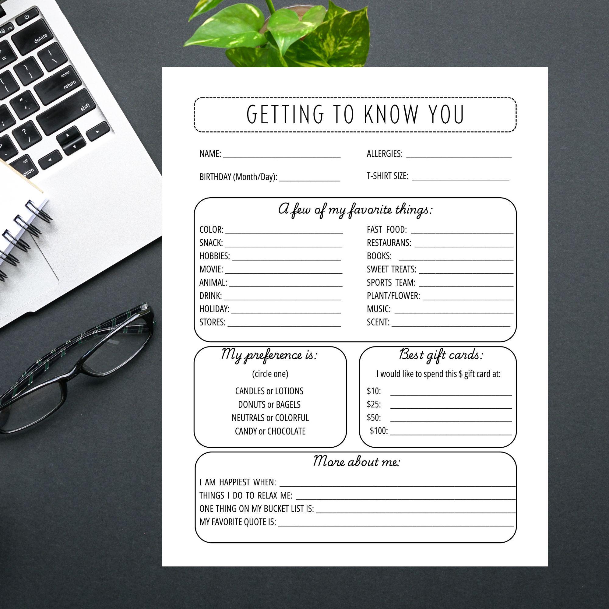 Getting to Know You Printable, Favorite Things Questionnaire, Coworker ...