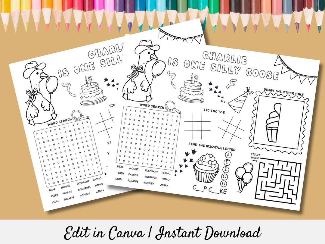 Silly Goose Birthday Party Activity Sheet, One Silly Goose Party Favor ...