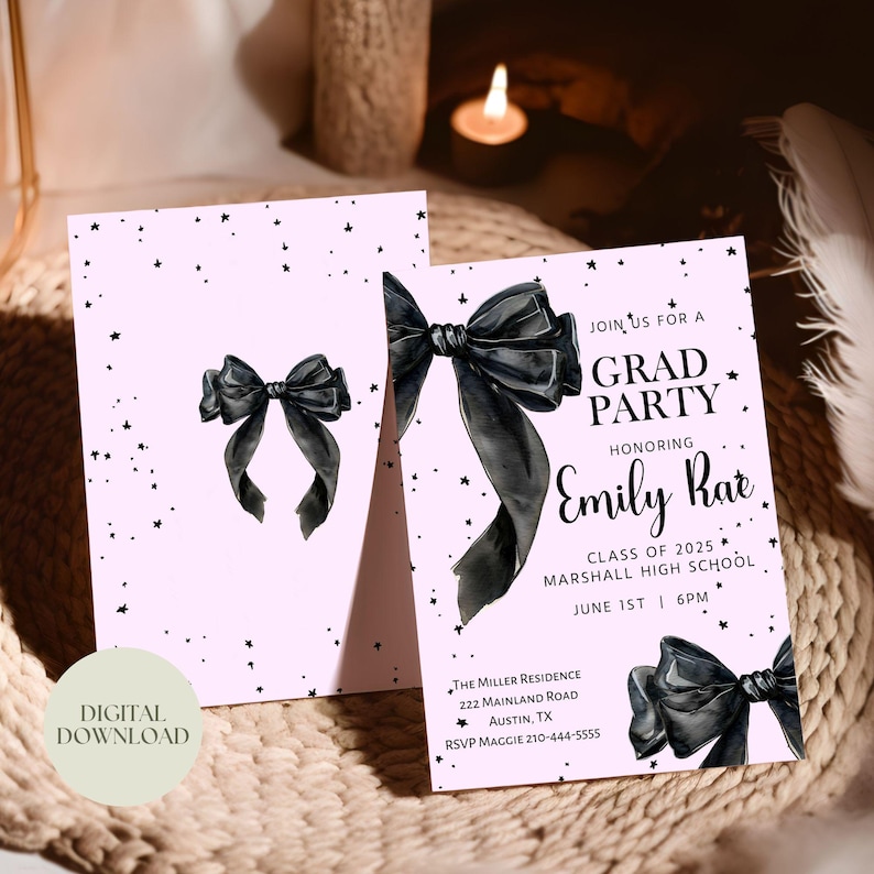 Editable Black Bow Graduation Party Invitation, Bow Grad Invite, Modern ...