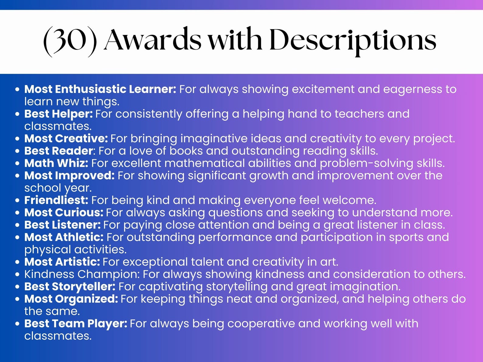 30 Student Classroom Award Download, End of Year School Awards, Student ...