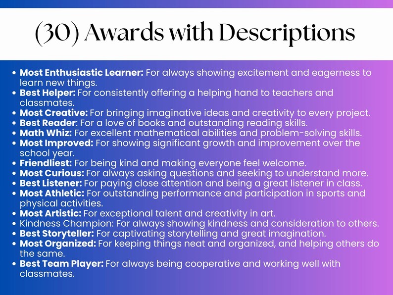30 Student Classroom Award Download, End of Year School Awards, Student ...