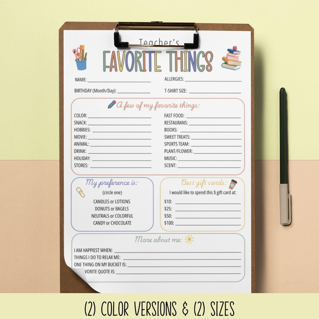 All About My Teacher Favorite Things, Teacher Appreciation ...