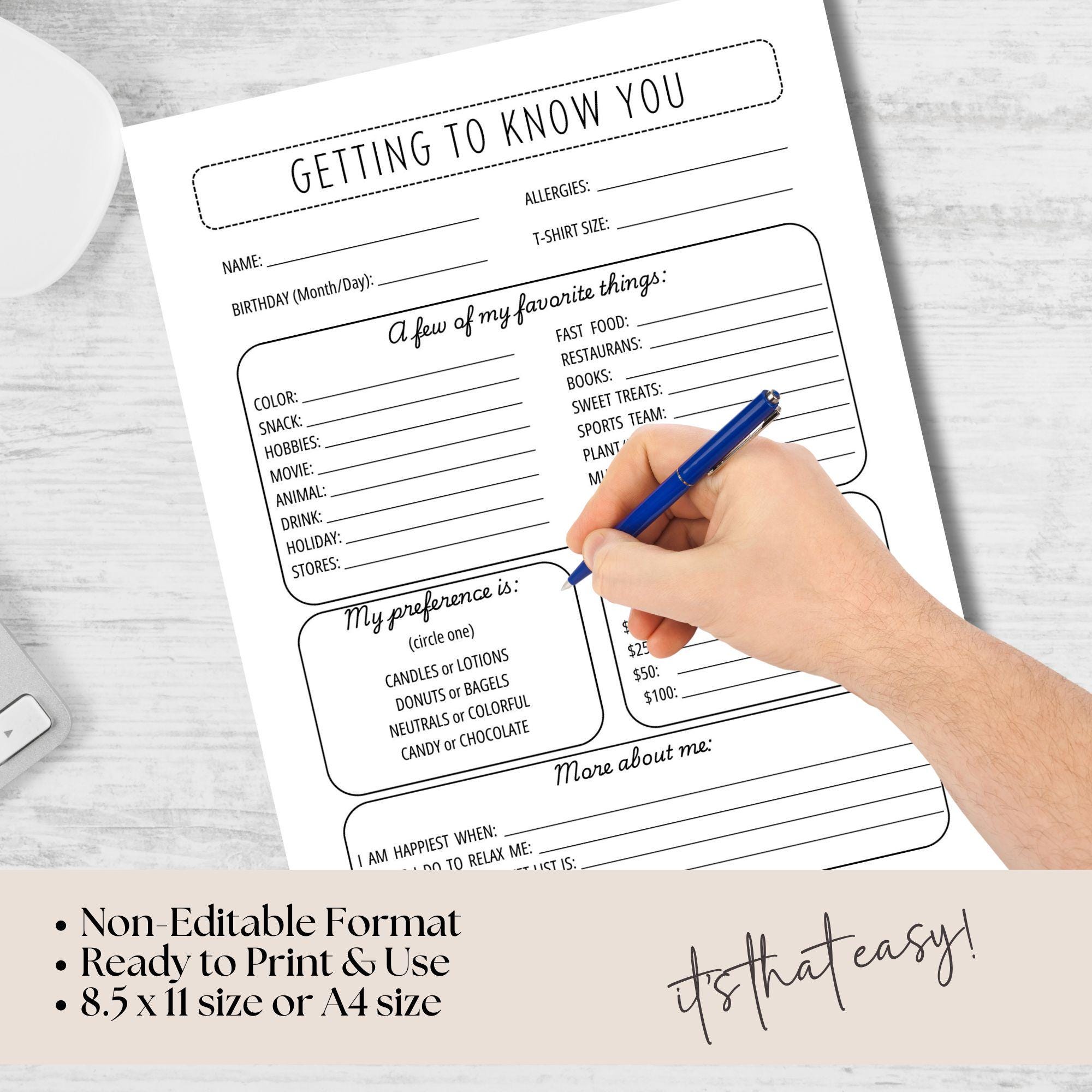 Getting to Know You Printable, Favorite Things Questionnaire, Coworker ...