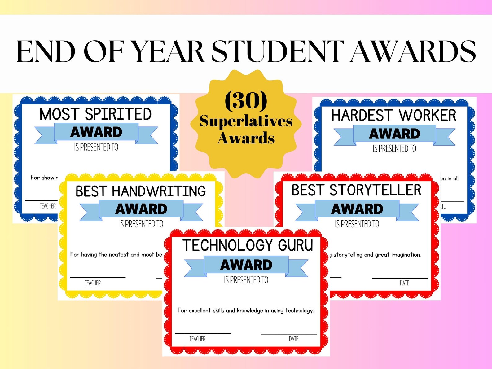 30 Student Classroom Award Download, End of Year School Awards, Student ...
