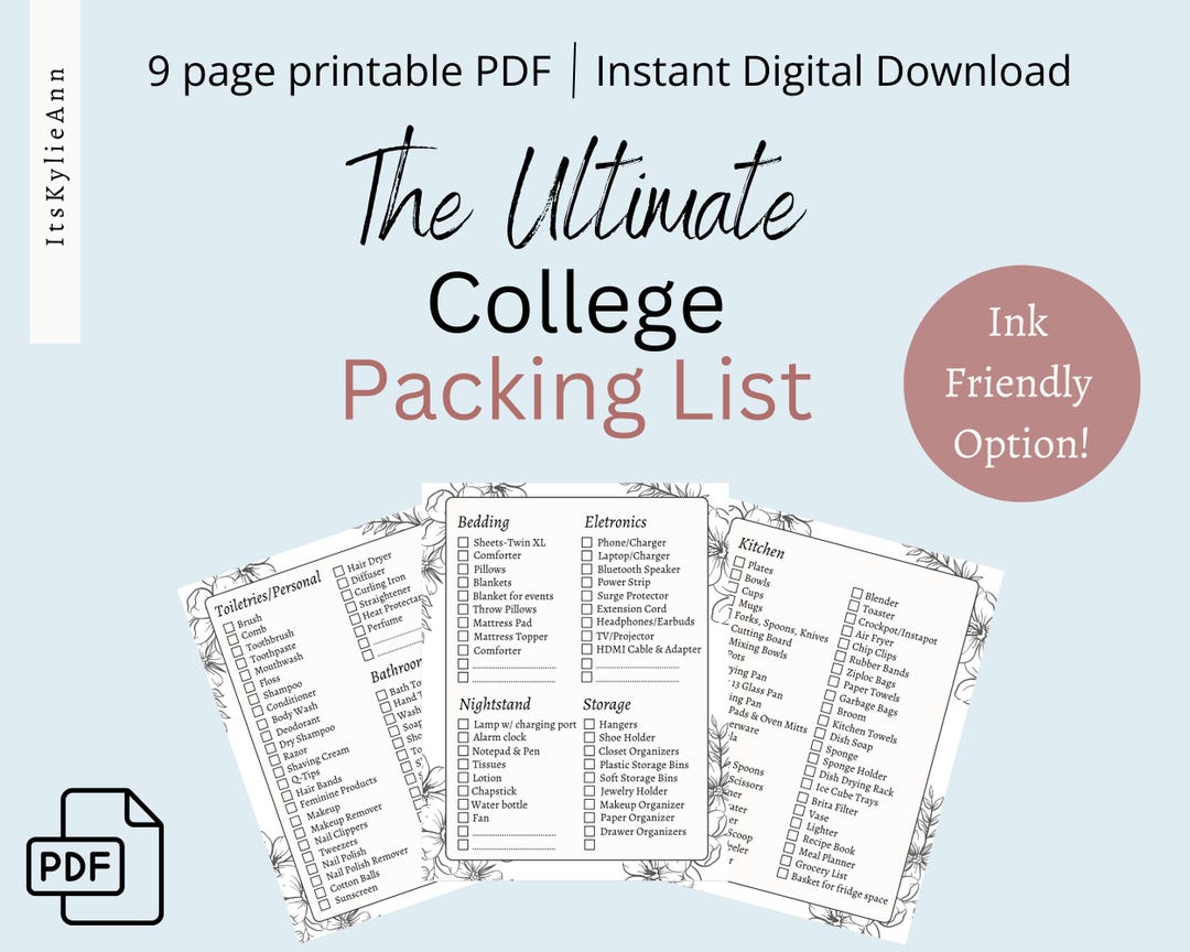 Ultimate College Packing List Printable, Dorm Room Essentials ...