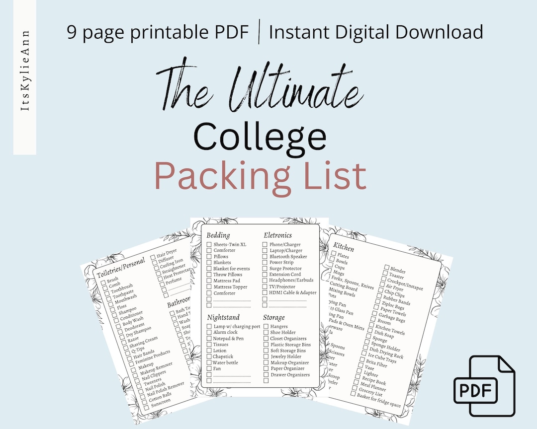 Ultimate College Packing List Printable, Dorm Room Essentials ...
