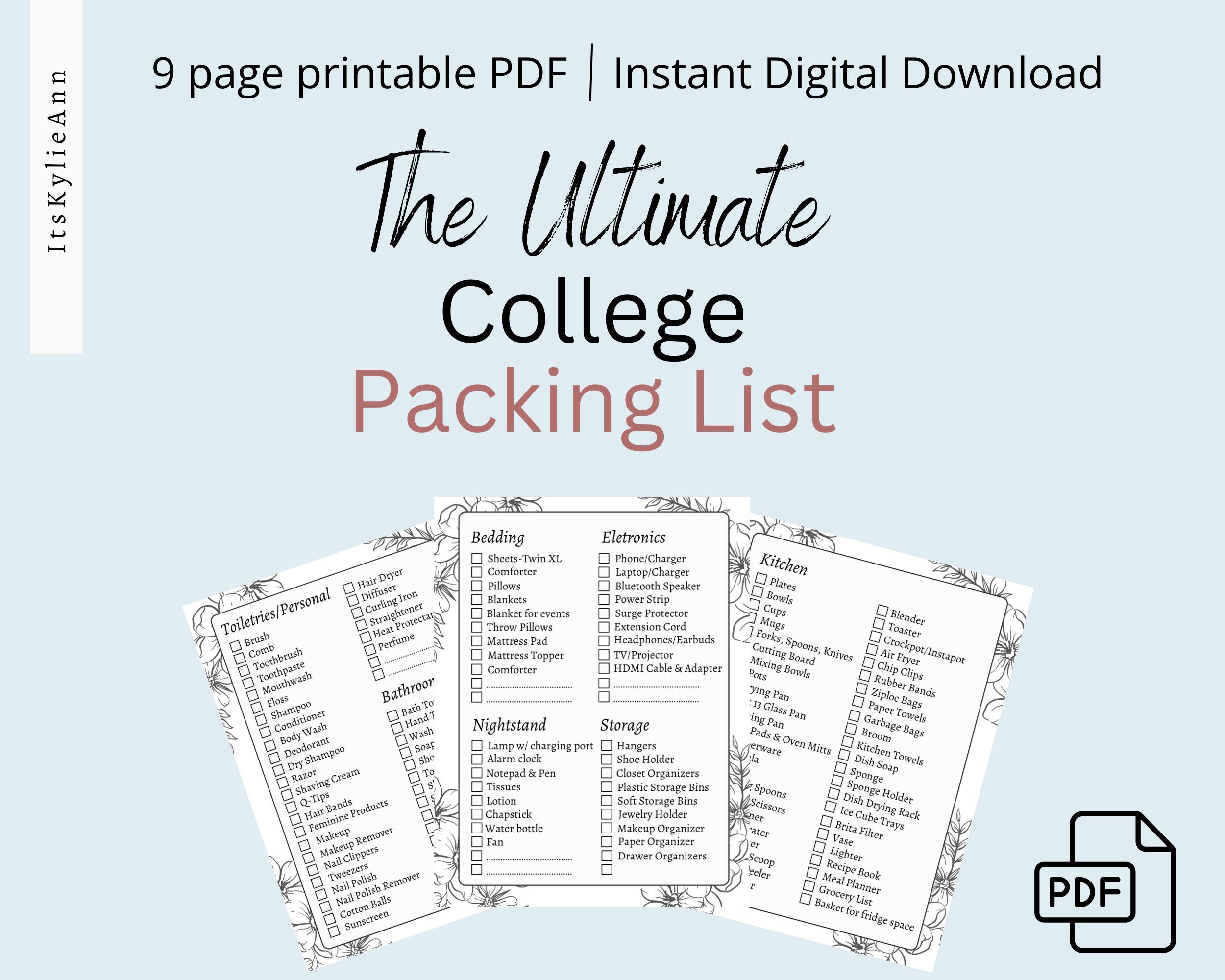 Ultimate College Packing List Printable, Dorm Room Essentials ...