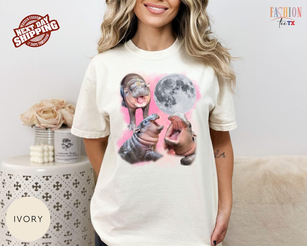 Moo Deng With the Moon Shirt, Moo Deng Shirt,cute Baby Hippo Moo Deng ...