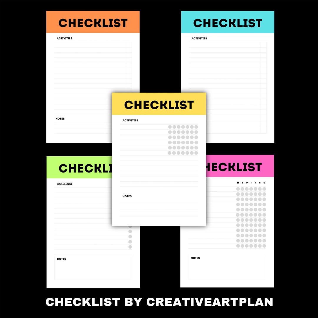 5 Checklists Set Template Blank Printable Fillable Simple Planner ...