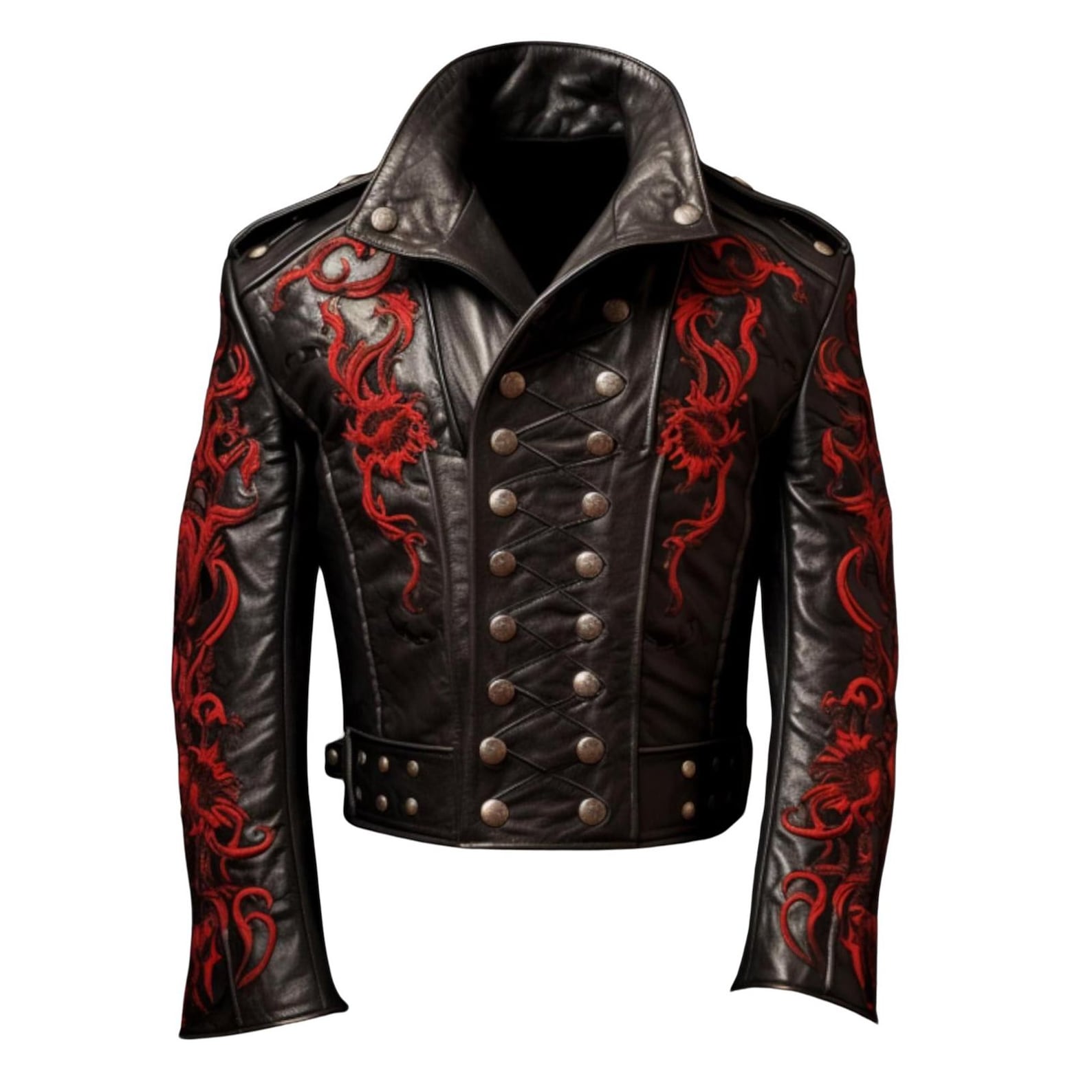 Gothic Dragon Leather Jacket, Black With Red Embroidery, Steampunk ...