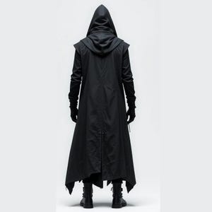 Men’s Gothic Cyberpunk Hooded Duster Coat – Black Cotton Sleeveless ...