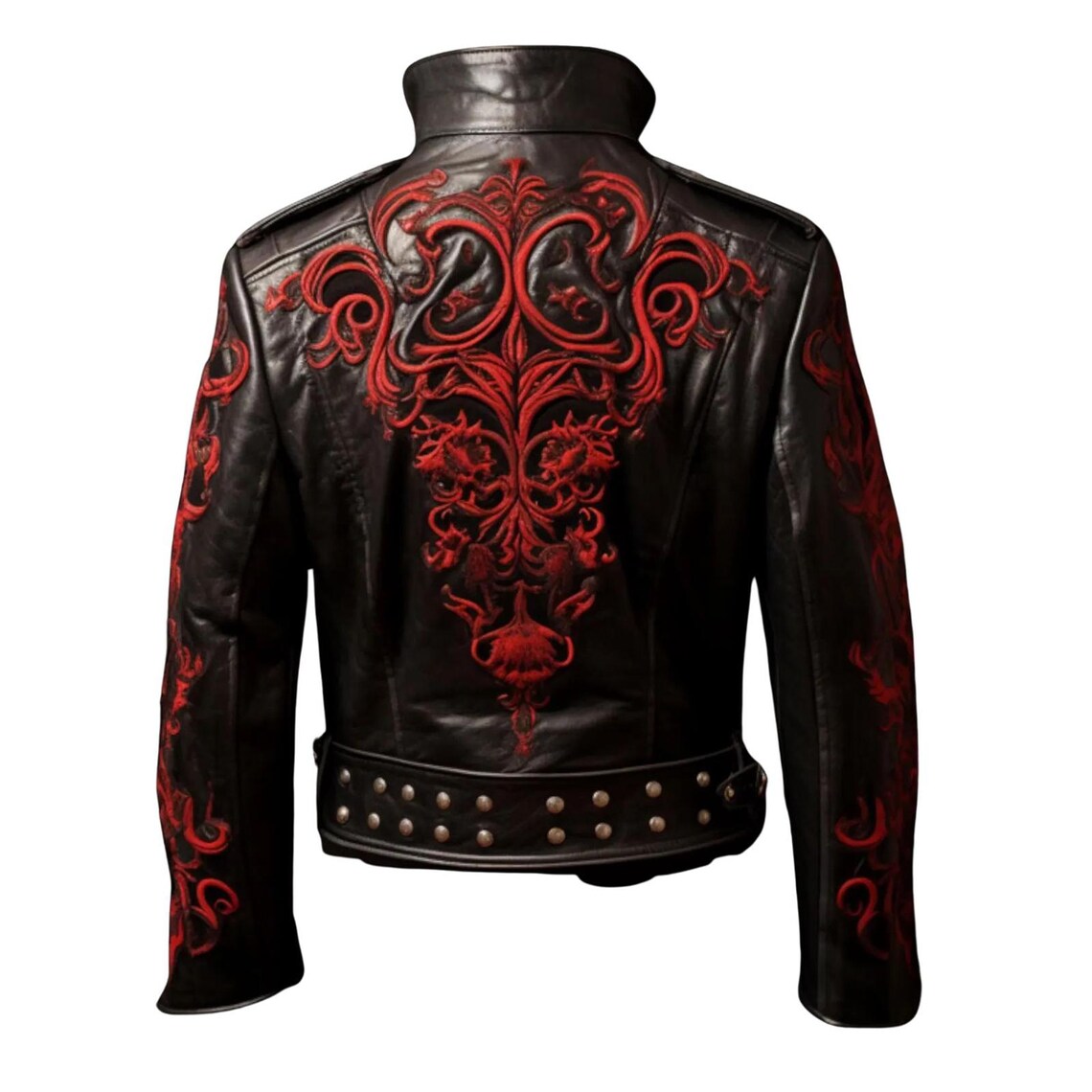 Gothic Dragon Leather Jacket, Black With Red Embroidery, Steampunk ...