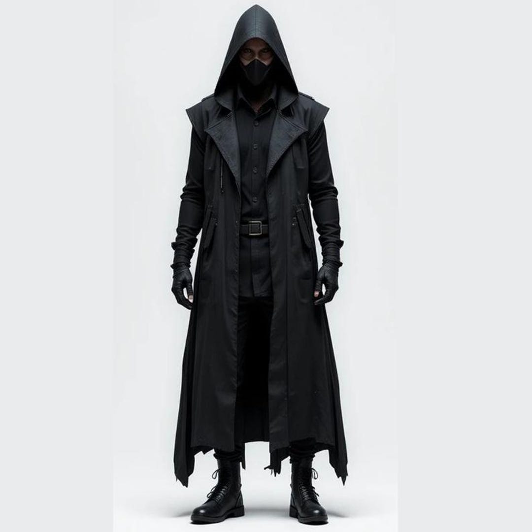 Men’s Gothic Cyberpunk Hooded Duster Coat – Black Cotton Sleeveless ...