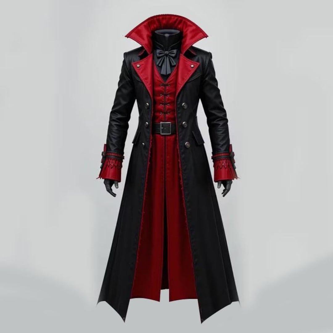 Gothic Leather Trench Coat, Black & Red Vampire Coat, Victorian ...