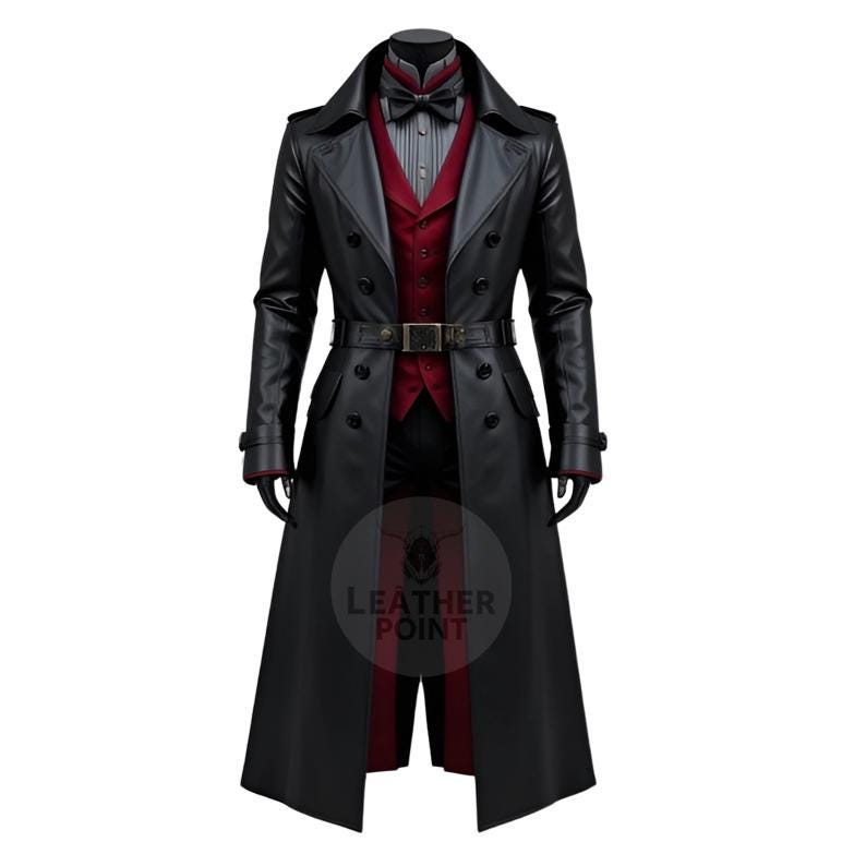 Black Gothic Leather Trench Coat | Real Cowhide Vampire Overcoat ...