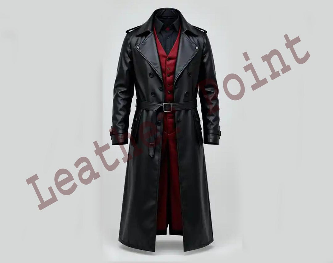 Men’s Gothic Leather Trench Coat | Steampunk Vampire Overcoat With Red ...