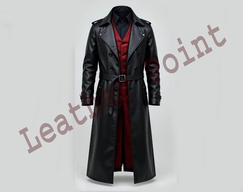 Men's Gothic Leather Trench Coat | Red Embroidery, Steampunk Vampire ...