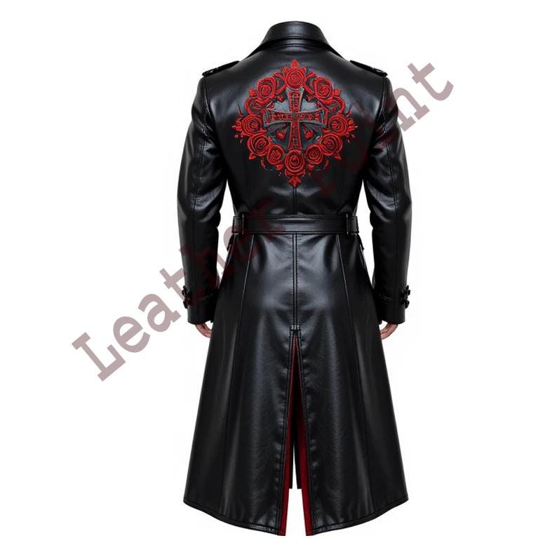Custom Gothic Leather Overcoat – Red Embroidery, Steampunk Vampire ...