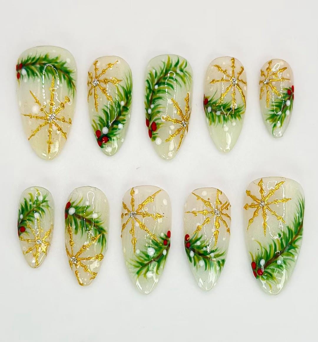 Emerald Frost Press on Nails / Medium Almond / Green Pine Garland ...
