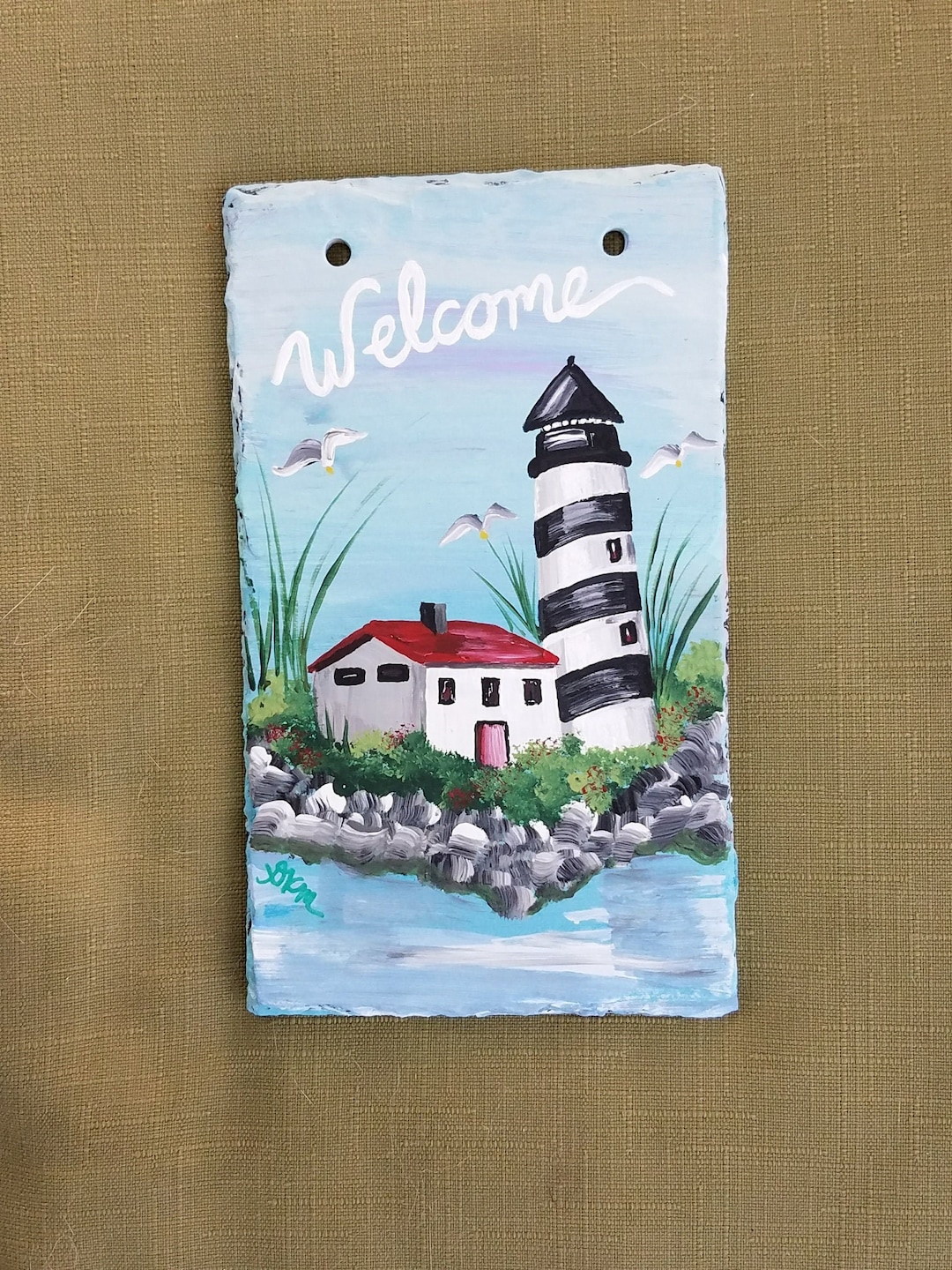 Lighthouse Welcome Hand Painted Slate II - Etsy