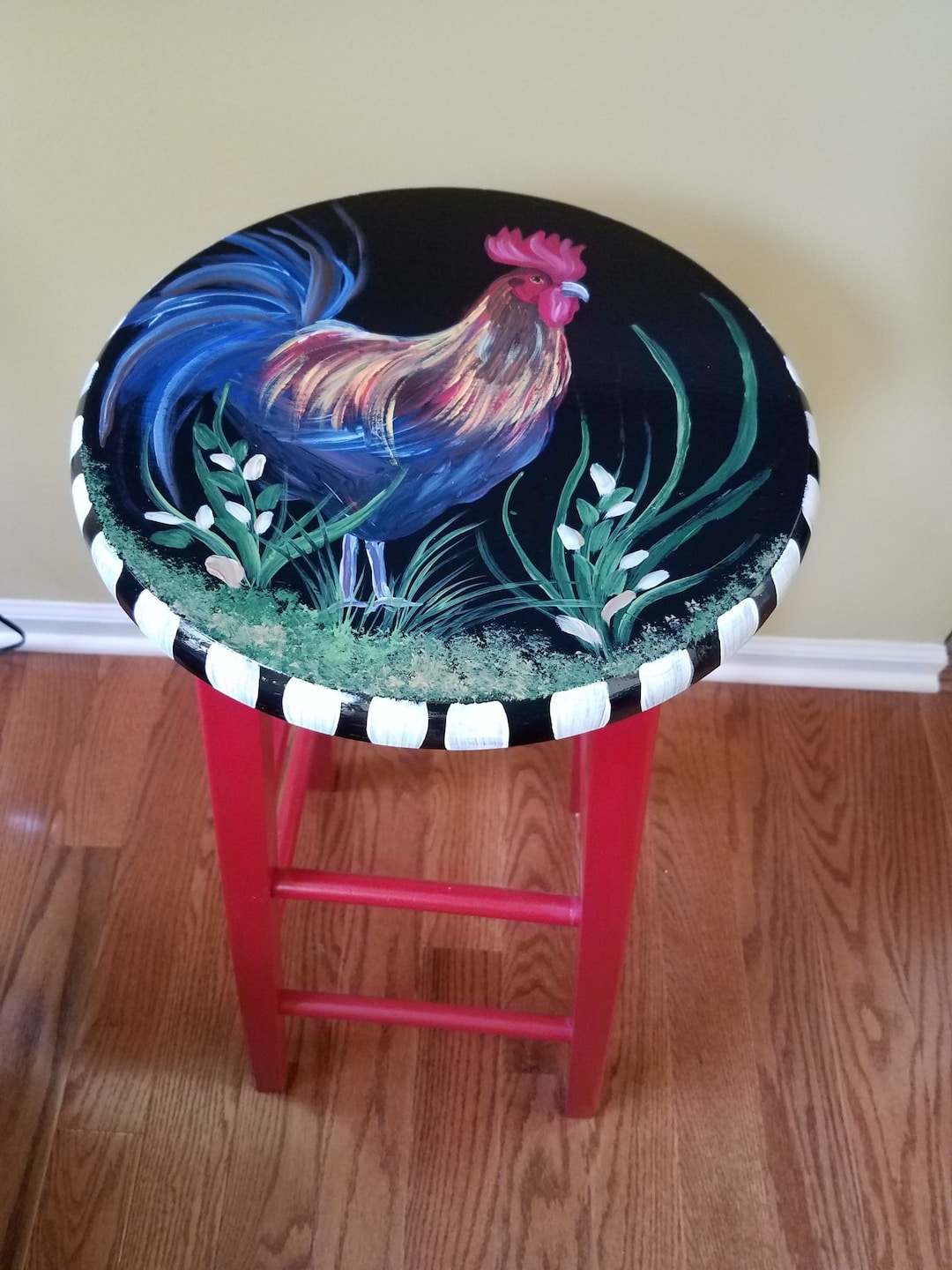 Rooster Design With Stripes Custom Painted Stools - Etsy