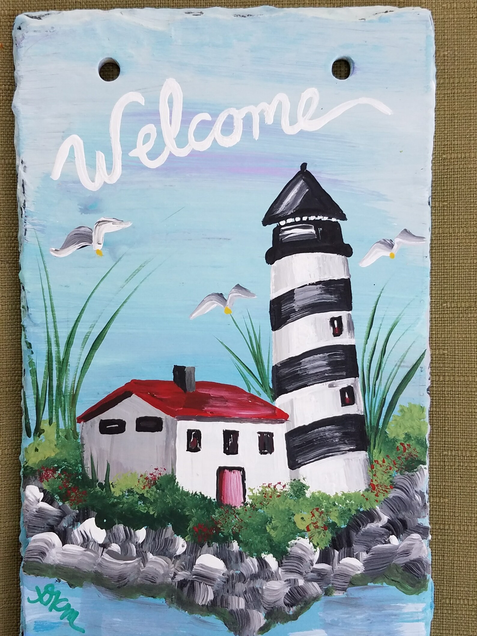 Lighthouse Welcome Hand Painted Slate II | Etsy