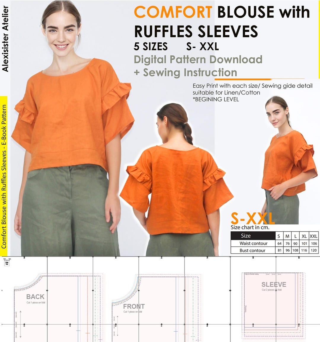 Chic Blouse With Ruffle Sleeves Fun Blouse Top Pattern Download A4 Size ...