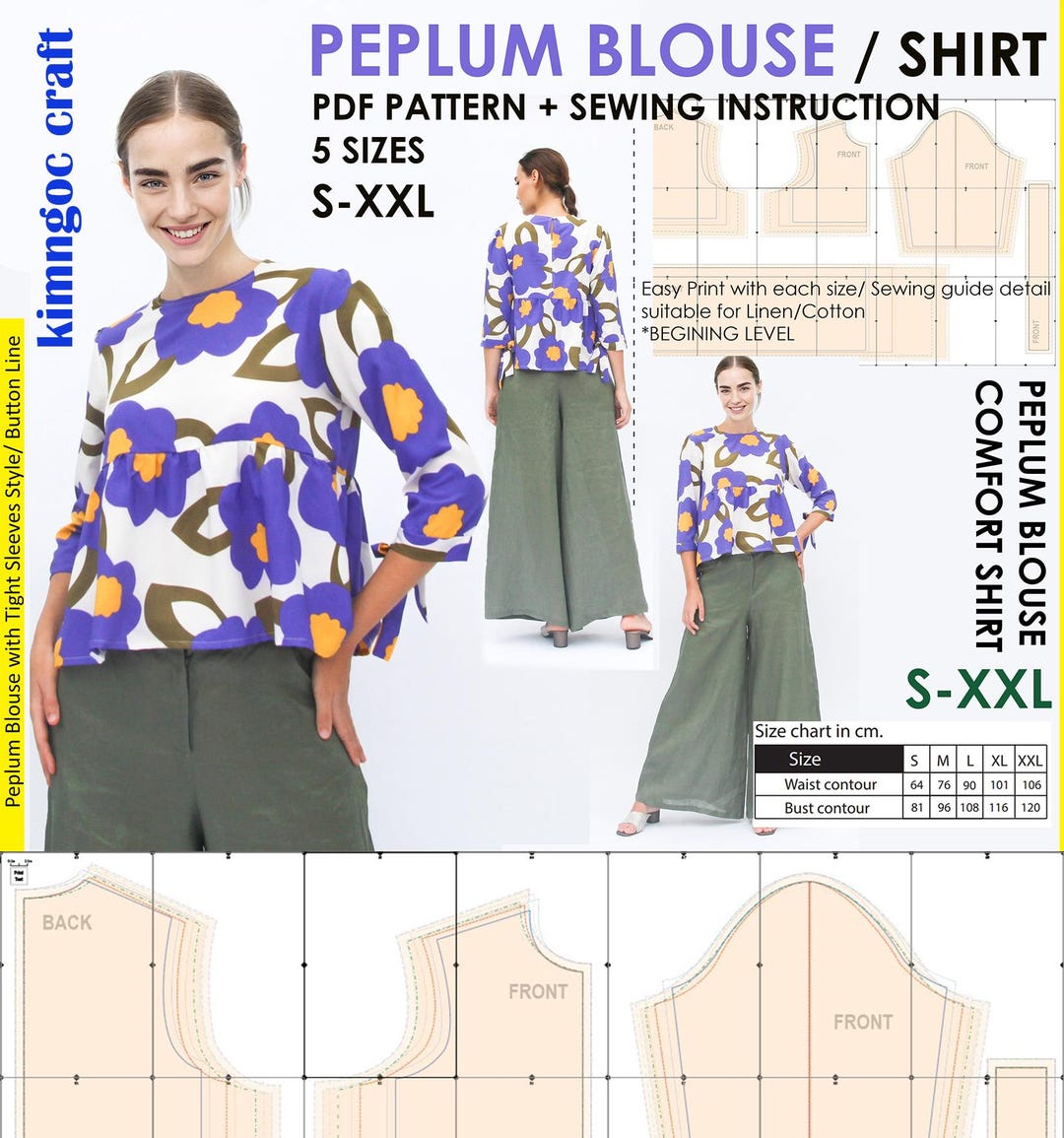 Easy Blouse Pattern Sewing for Beginner, Office Shirt Pattern A4 ...