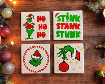 Handmade Set of 4 Grinch Christmas Coasters - Etsy