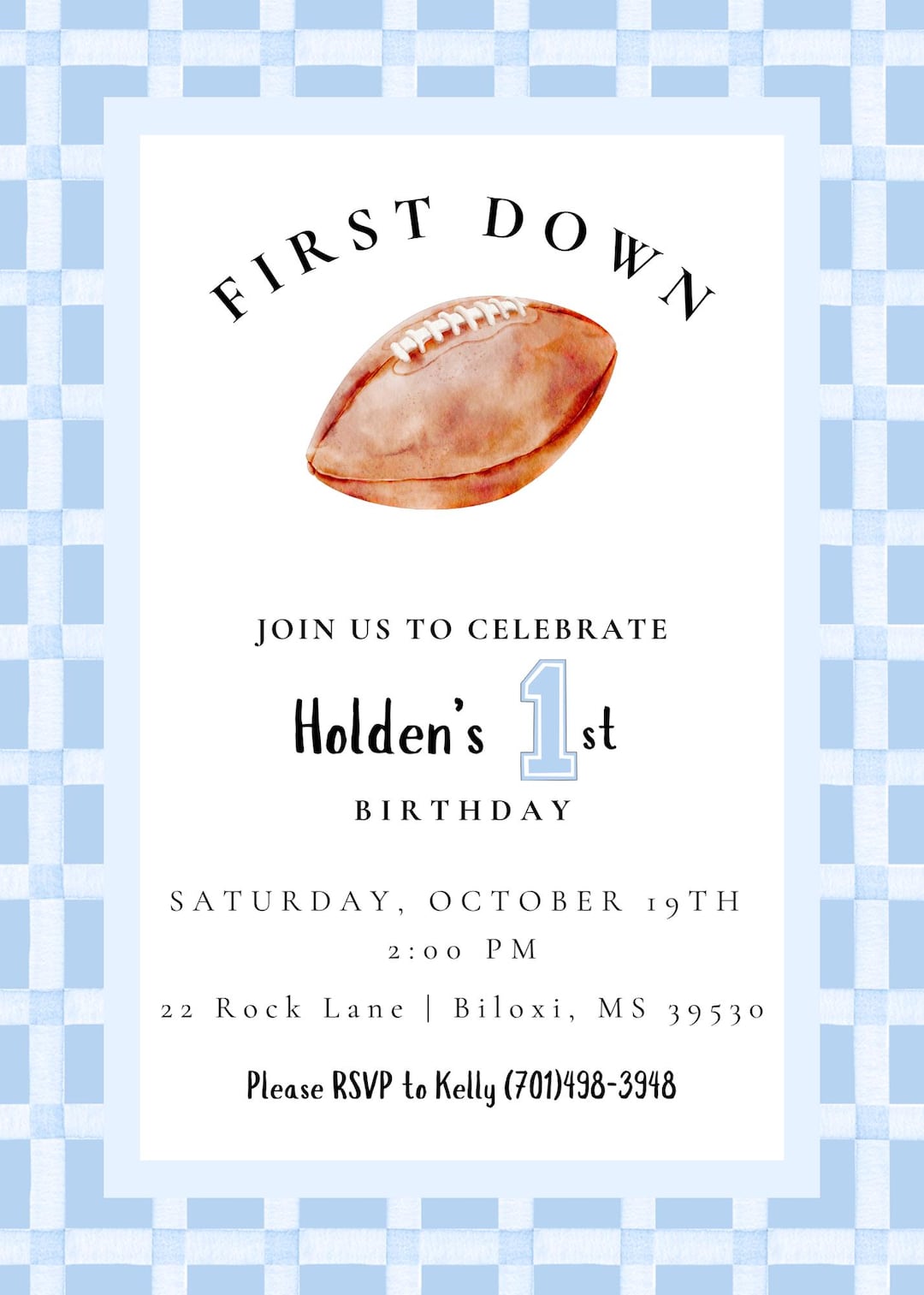 Football Invitation First Down Birthday Party Boy First Birthday ...