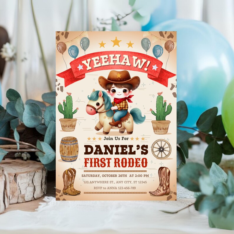 First Rodeo Birthday Invitation Template, Cowboy 1st Birthday Party ...