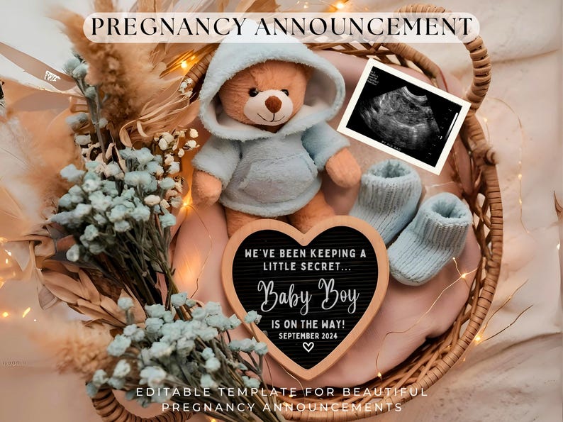 Teddy Bear It's a Boy Pregnancy Announcement Digital Baby Reveal Blue ...