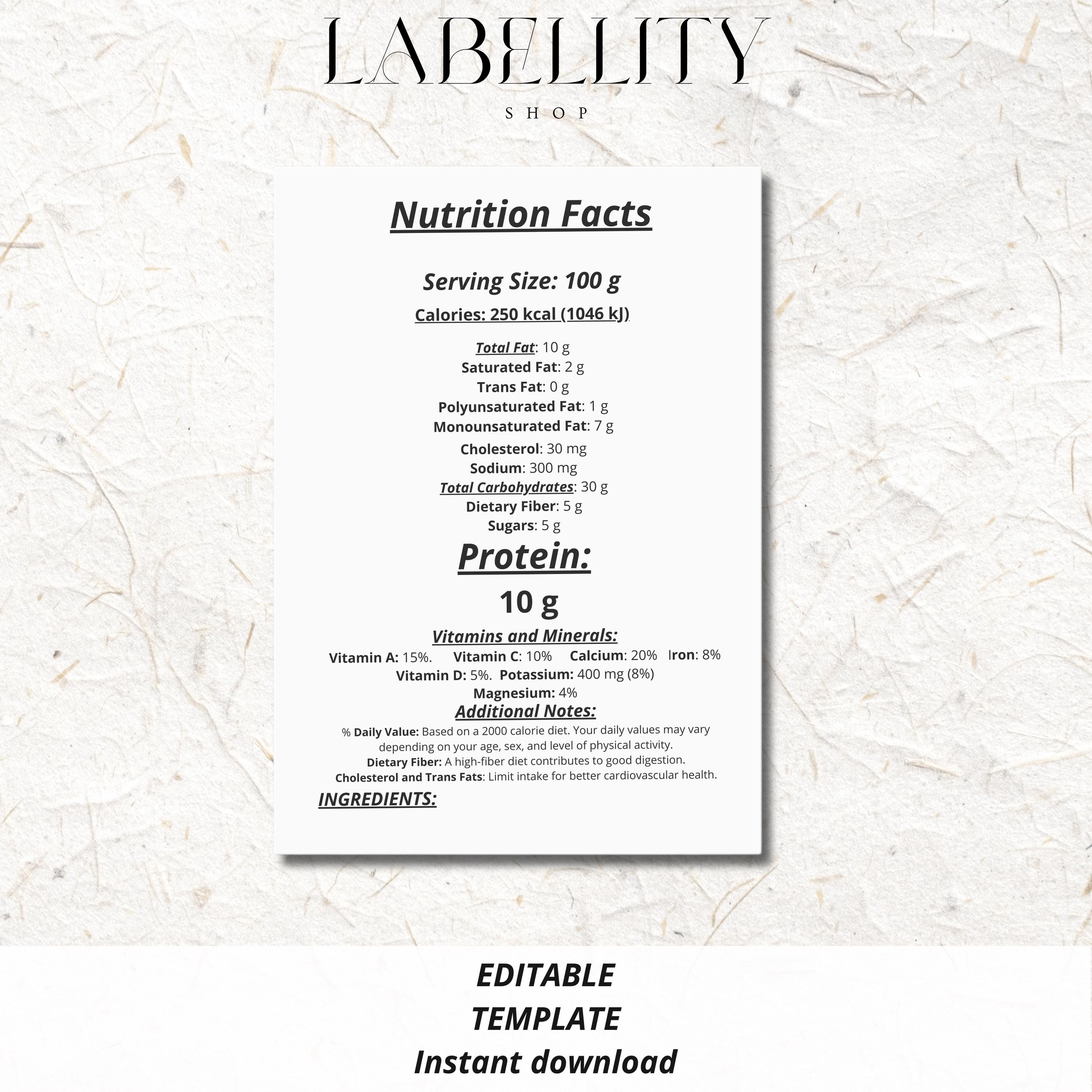 Customizable Nutrition Label Template – Editable Nutritional Value ...