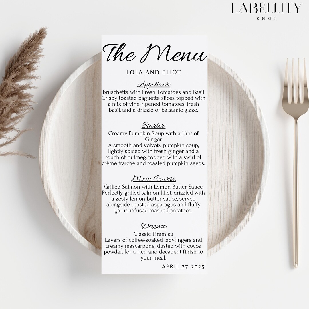 Elegant Wedding Dinner Menu Template - Printable and Editable, Editable ...