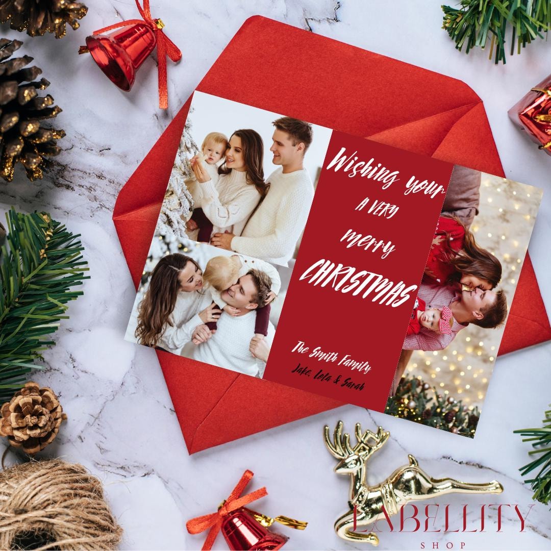 Red Christmas Card Template - Editable Printable Holiday Photo Card ...