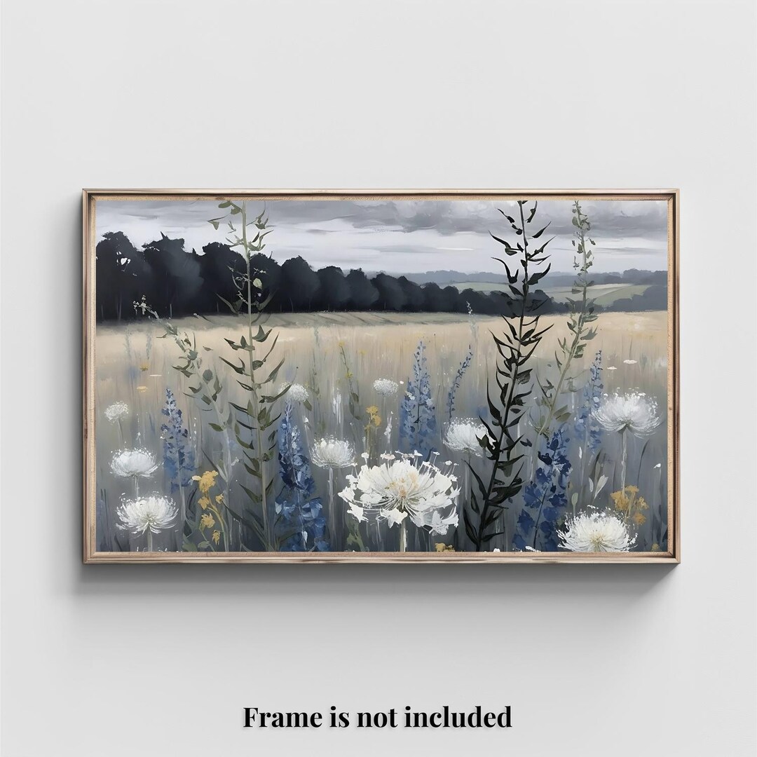 Misty Wildflower Meadow Oil Painting: Colorful Art Print With Cloudy Sky & Vibrant Blooms for ...