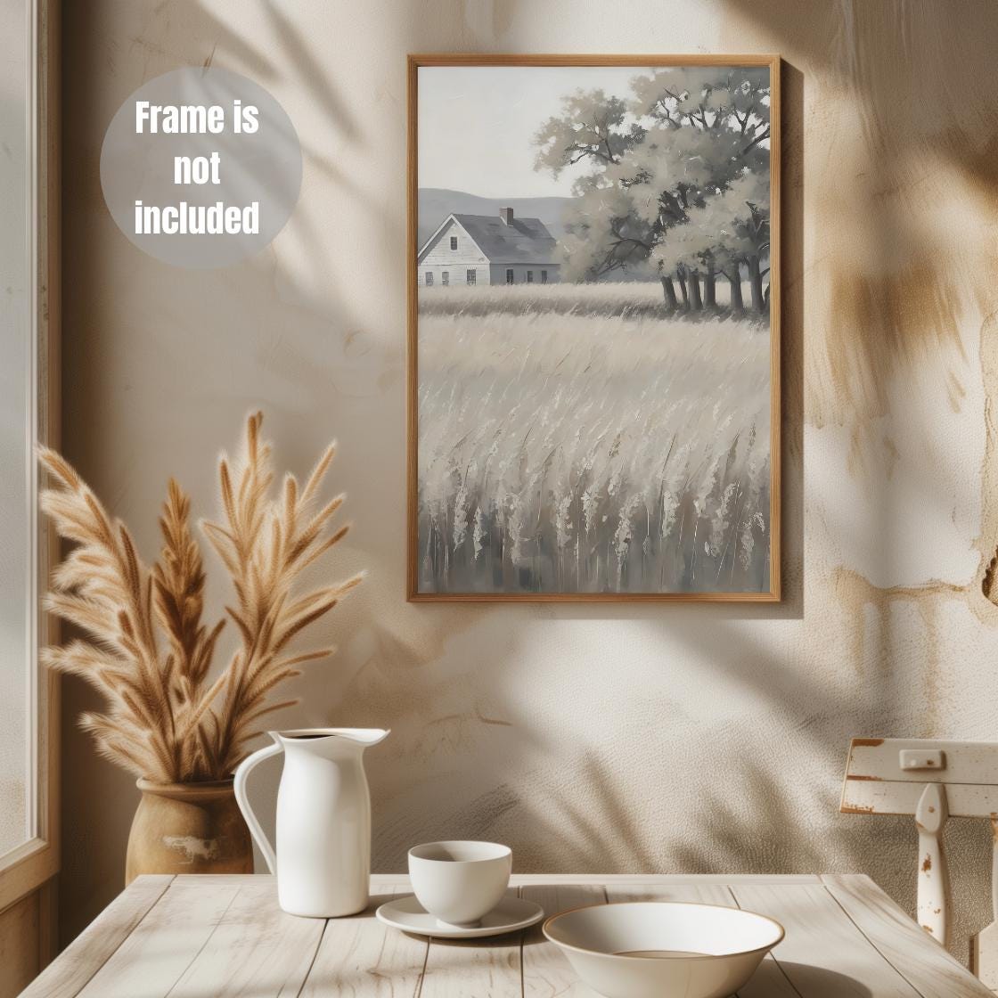 Rustic Oil Painting: Muted Grain Field With Old House and Tall Grasses ...