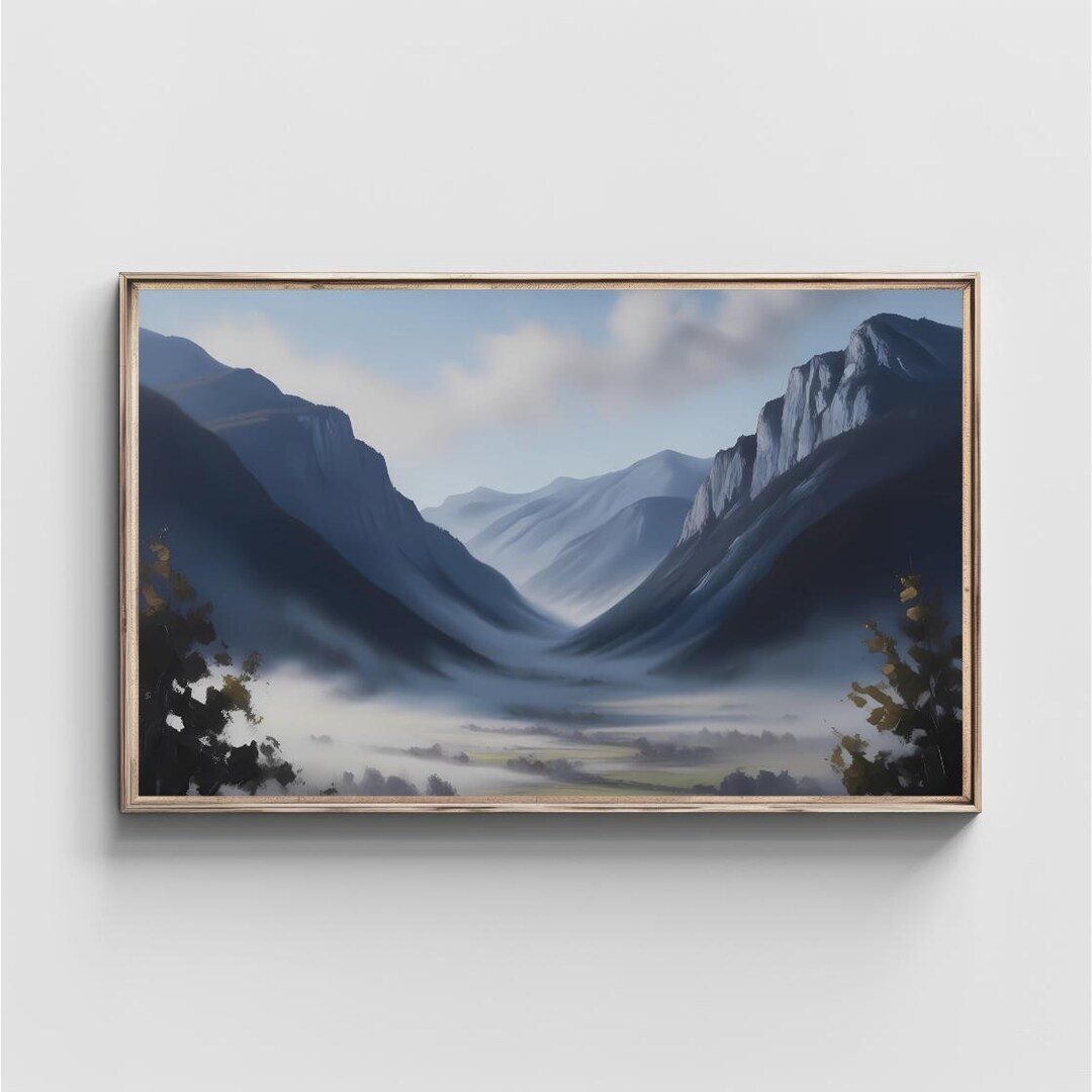 Foggy Mountain Art Print Misty Valley Oil Painting Horizontal Nature ...