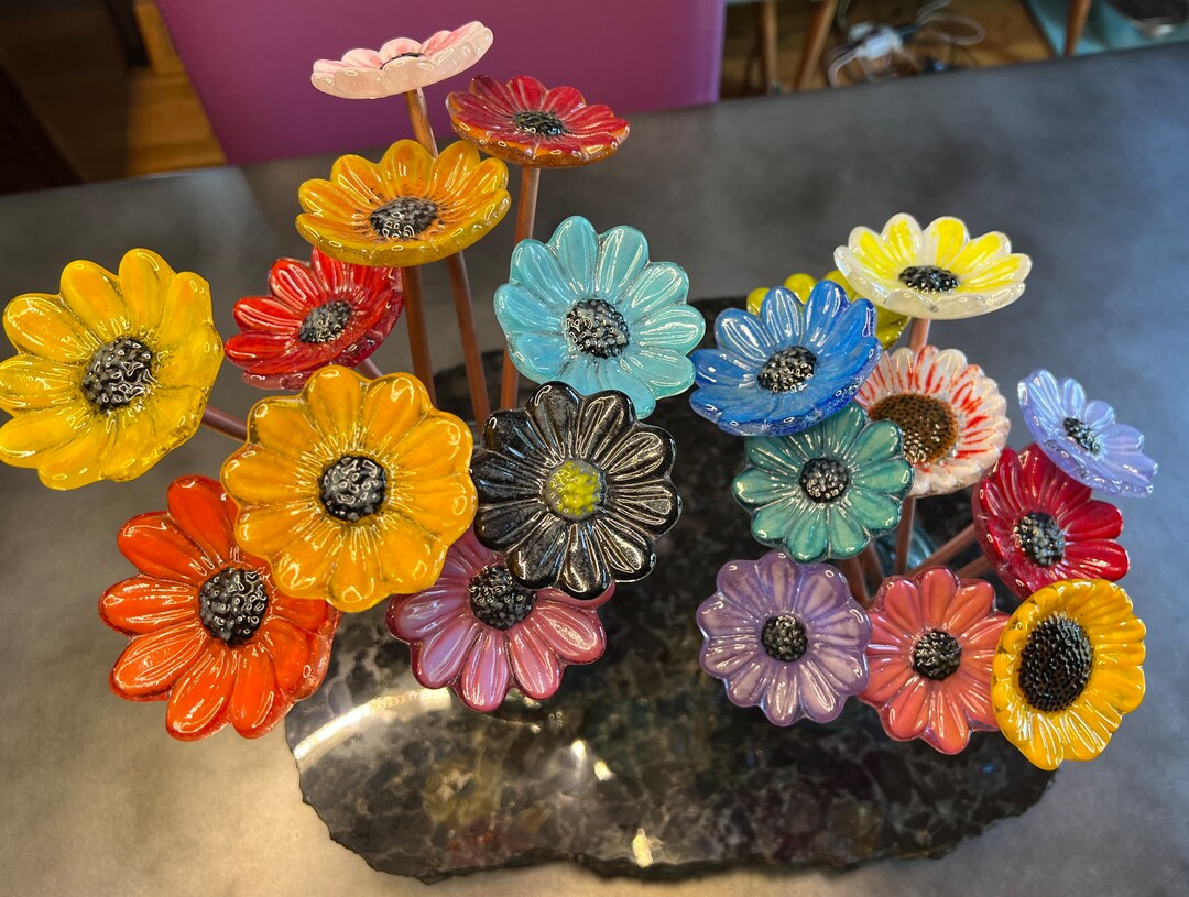Glass Garden Art | Flower Bouquet | Glass Flower Centerpiece | Daisy ...