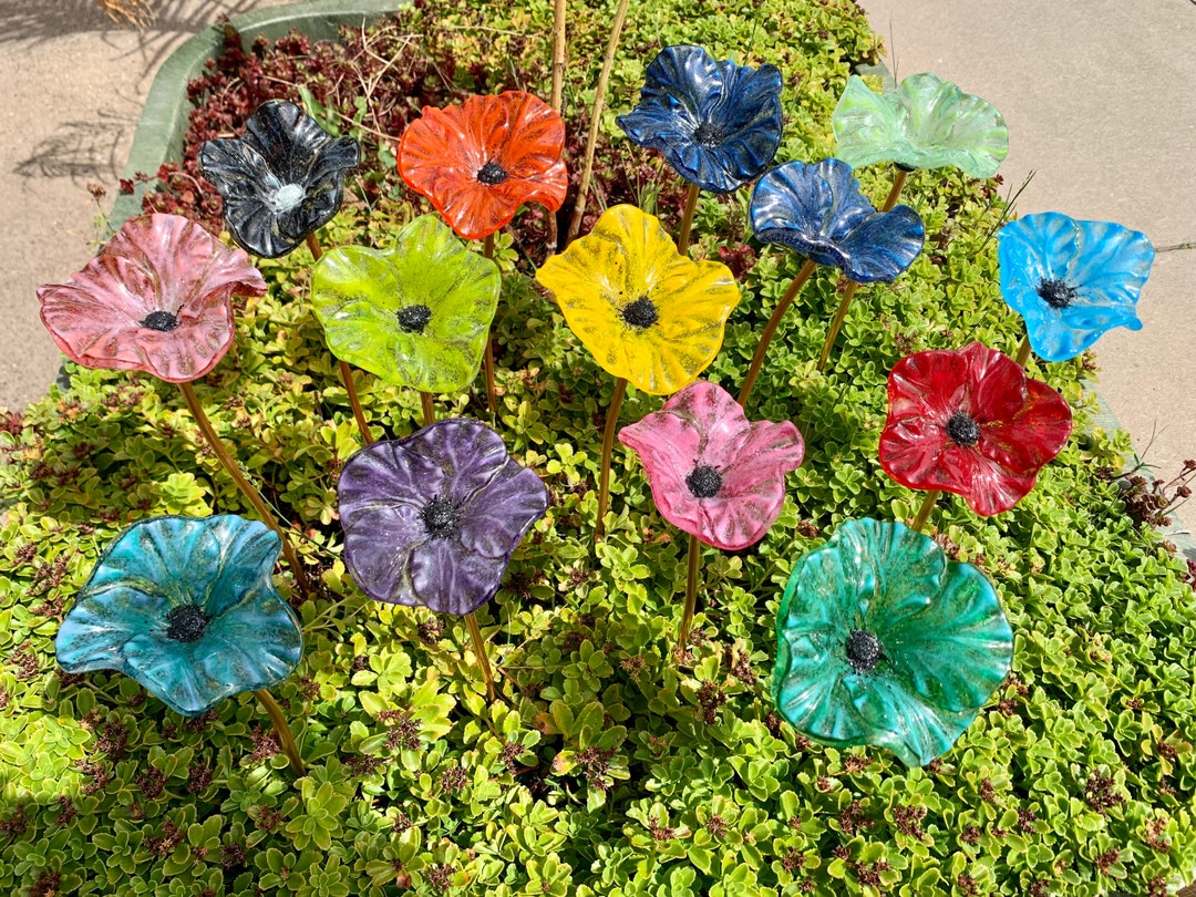Glass Yard Art Glass Flower Garden Art Blown Glass Garden Marker ...