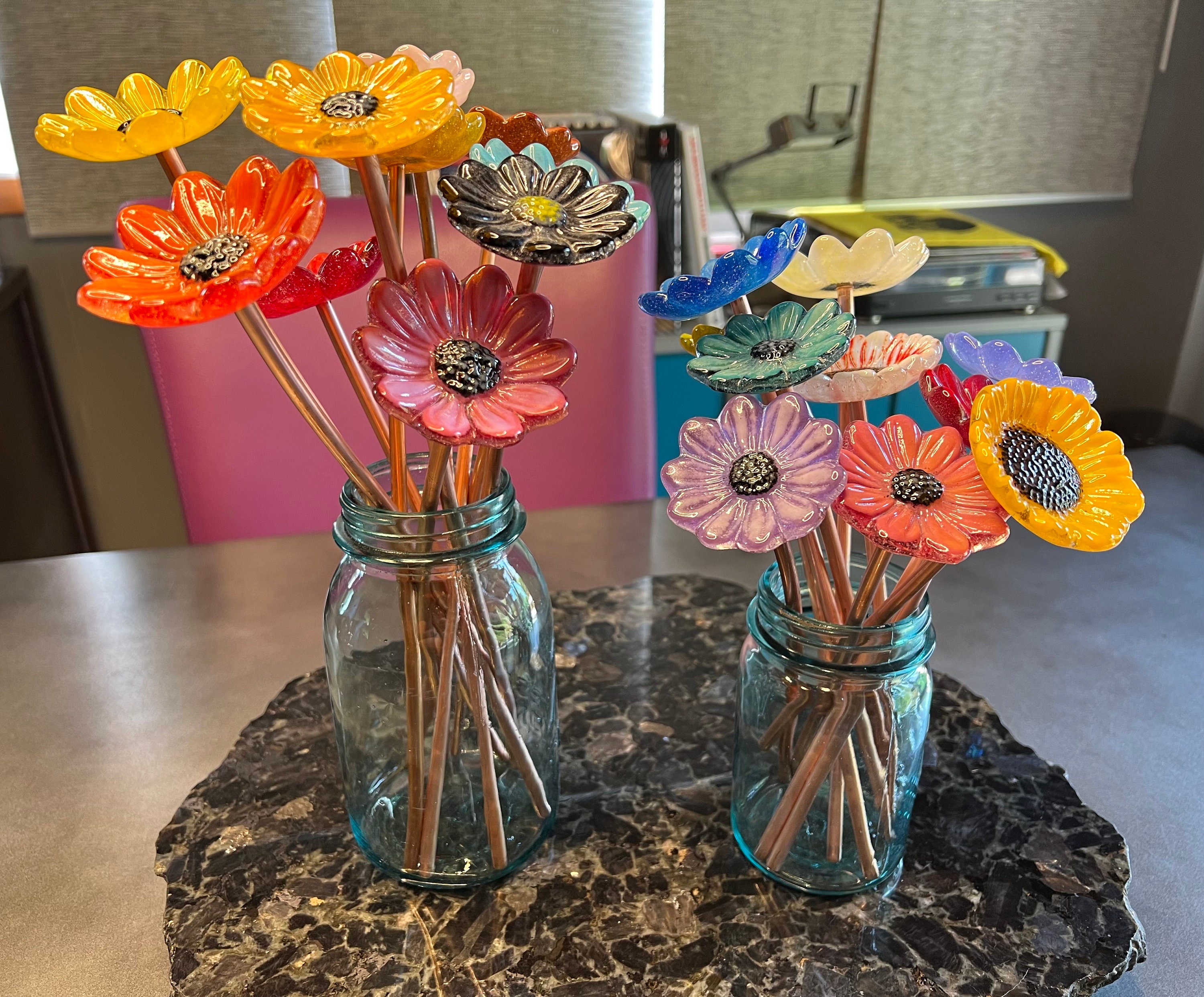 Glass Garden Art | Flower Bouquet | Glass Flower Centerpiece | Daisy ...