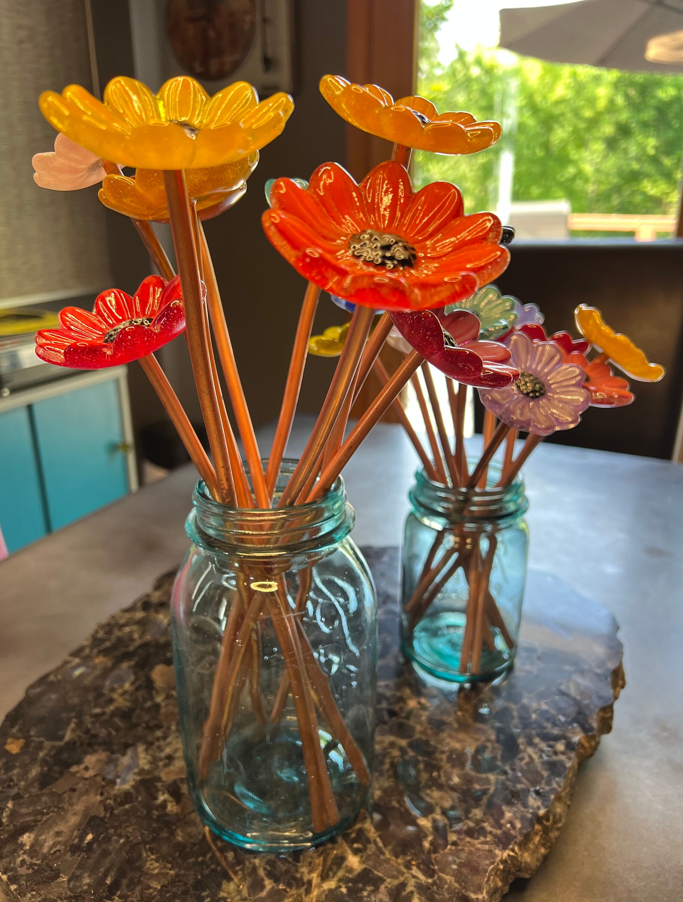 Glass Garden Art | Flower Bouquet | Glass Flower Centerpiece | Daisy ...