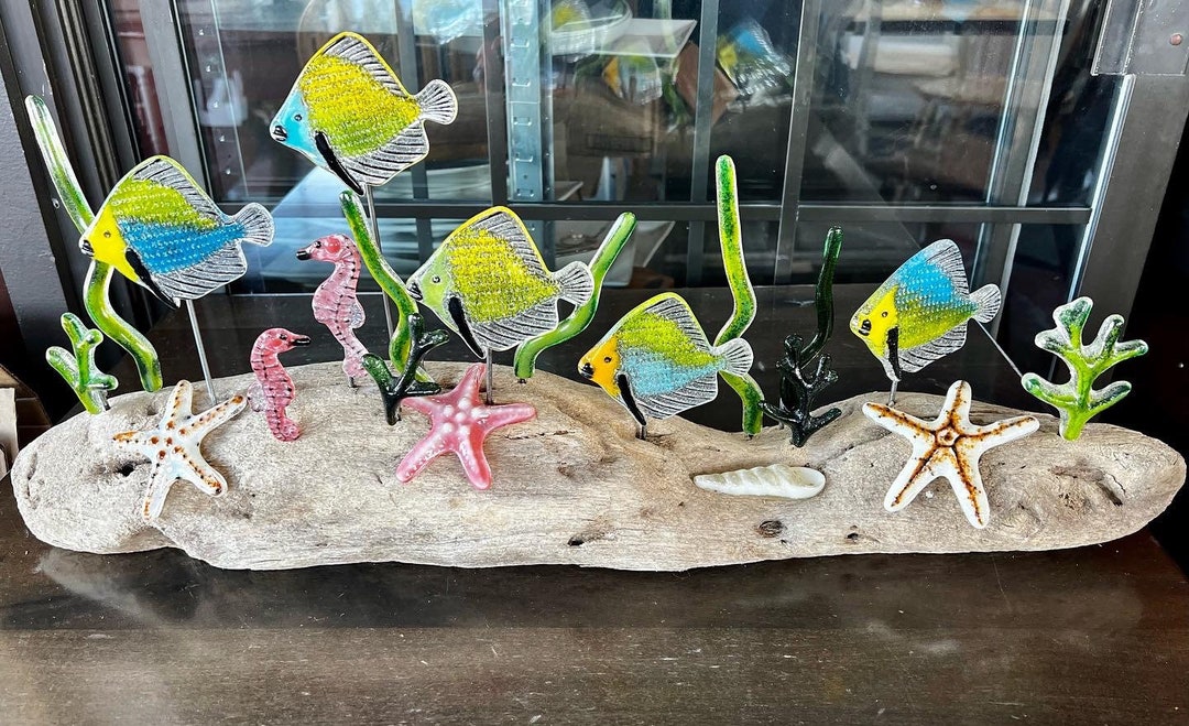 Driftwood Sea Scape | Fused Glass Fish | Mantle Display | Fireplace ...