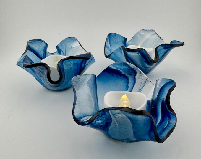 Handcrafted Blue & Clear Fused Glass Tea Light Holders – Elegant ...