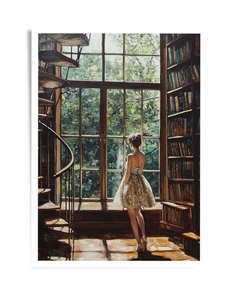 Vintage Painting of Girl in Library Looking Through Window | Vintage ...