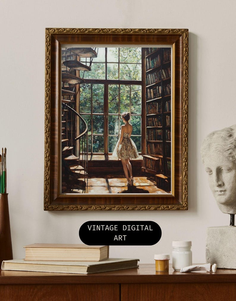 Vintage Painting of Girl in Library Looking Through Window | Vintage ...