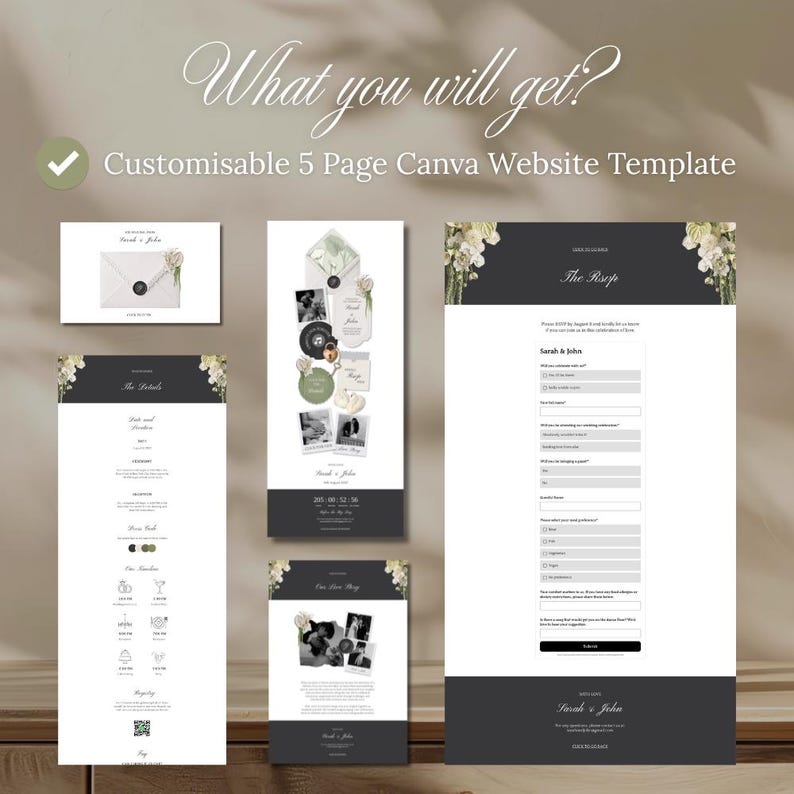 Elfenbein schwarz Salbei grün Blumenhochzeit Website mit Antwortkarte ...