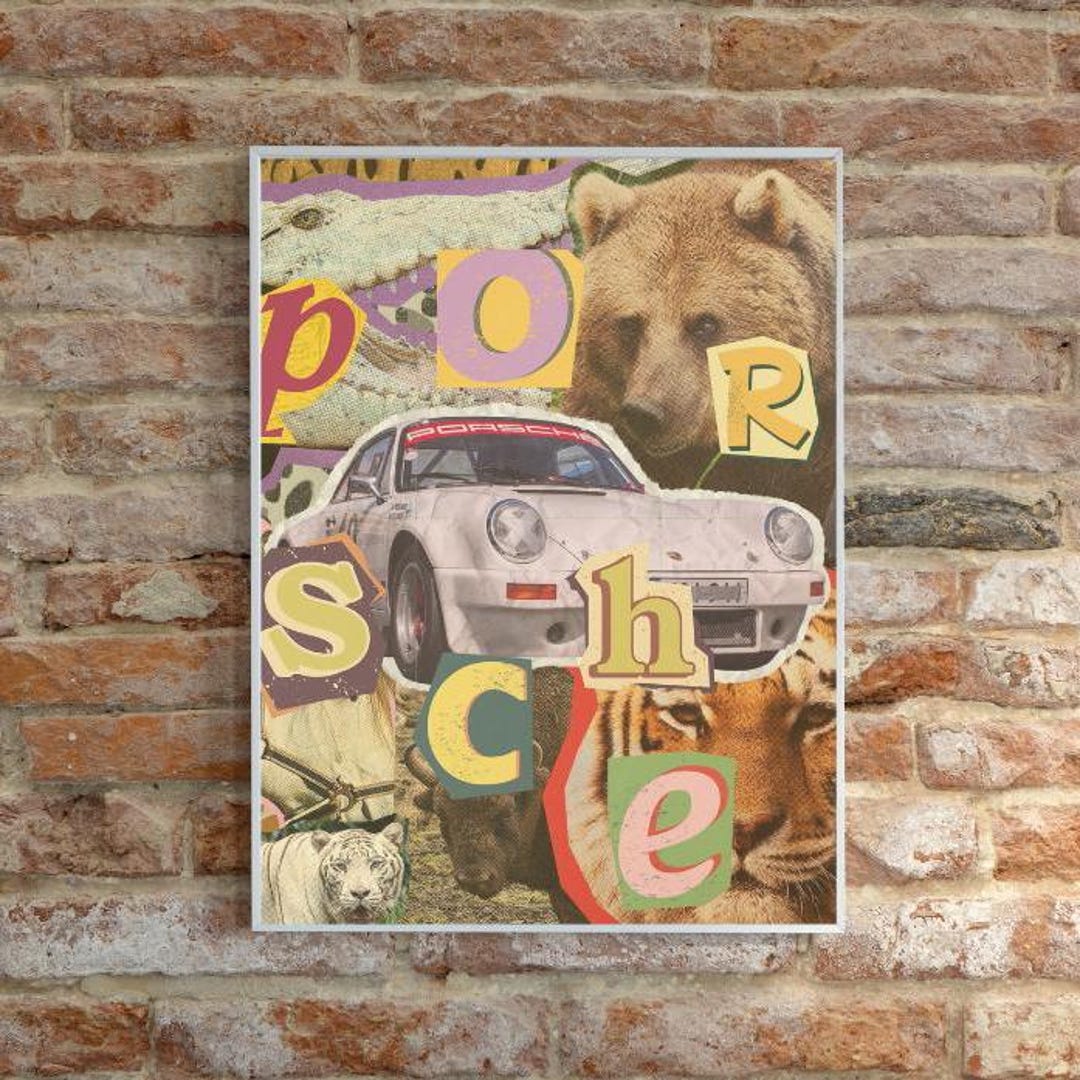Vintage Porsche Car and Wildlife Collage Art | Retro Digital Wall Art ...